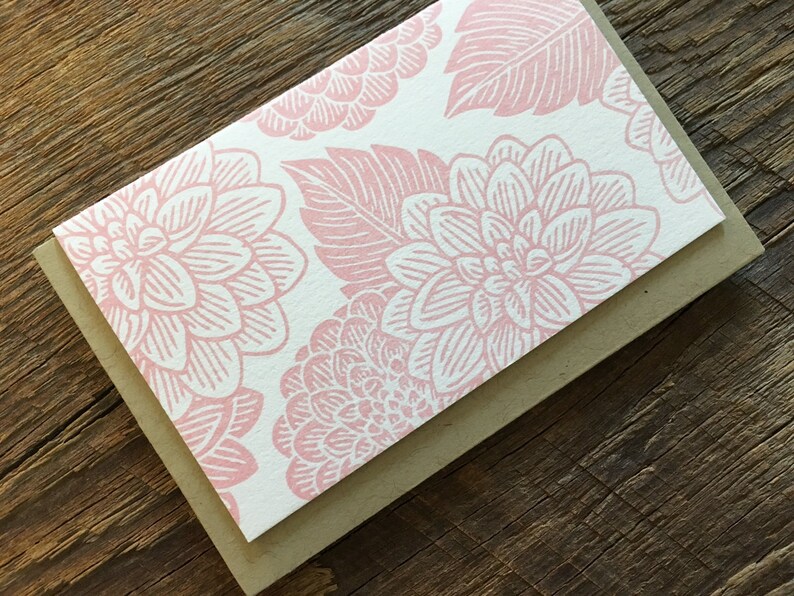 Pink Flowers Enclosure Card, Gift Card, Mini Card, Letterpress Folded ...