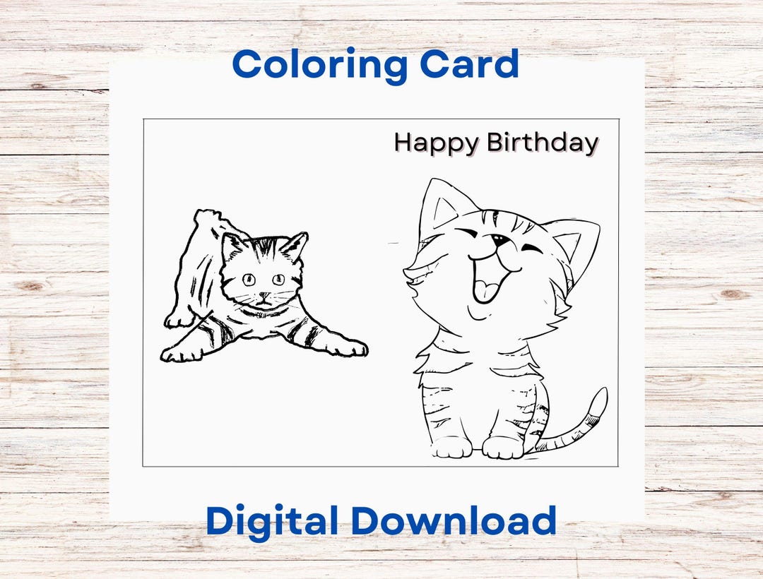 Birthday Coloring Printable Cat Card, for Animal and Cat Lovers, Kids ...