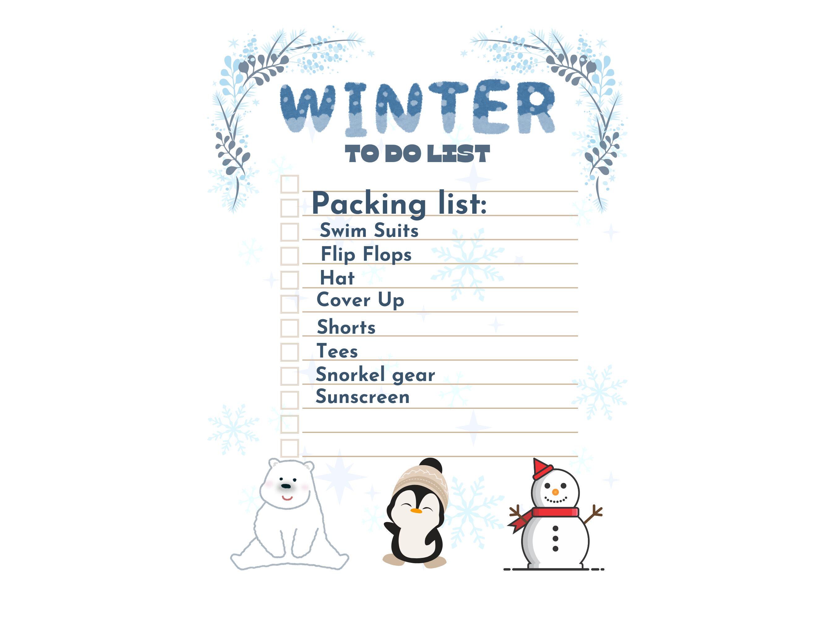 Winter Seasonal to Do List Printable - Organize, Plan Travel, Winter ...