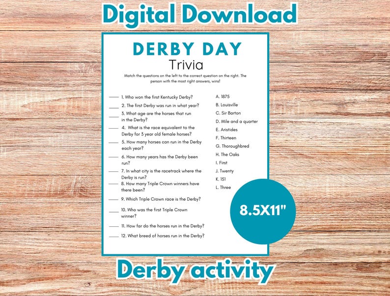 Derby Day Printables Trivia Game Activity for Adults or Kids - Etsy