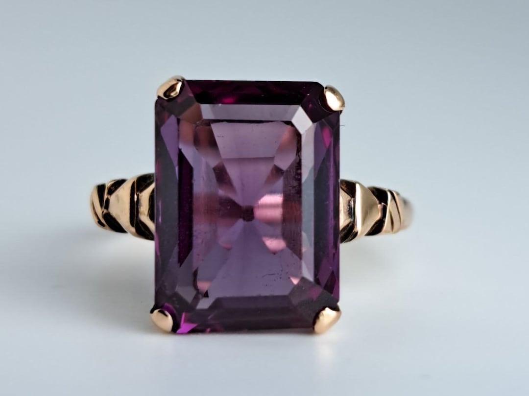 Antique Emerald Cut Purple Sapphire Ring in 14K Yellow Gold - Etsy