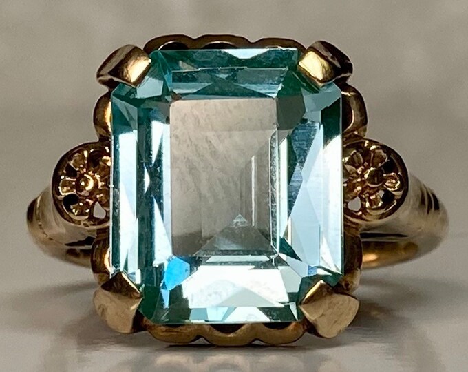 Antique Emerald Cut Blue Spinel Large Gemstone Ring in 10K Yellow Gold ...