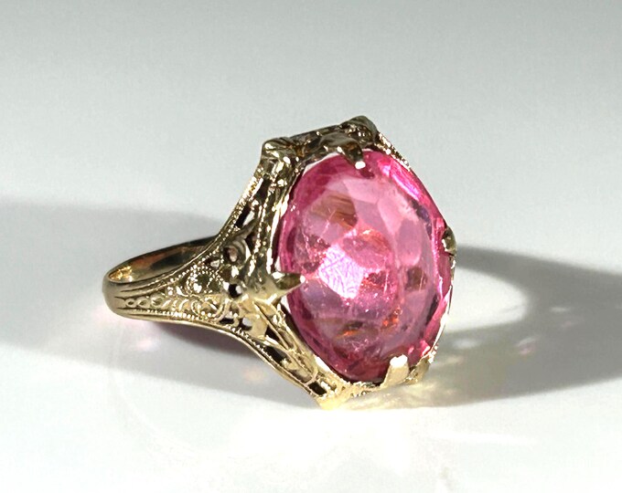 Edwardian Ostby Barton Pink Sapphire Filigree Ring in 10K Yellow Gold ...