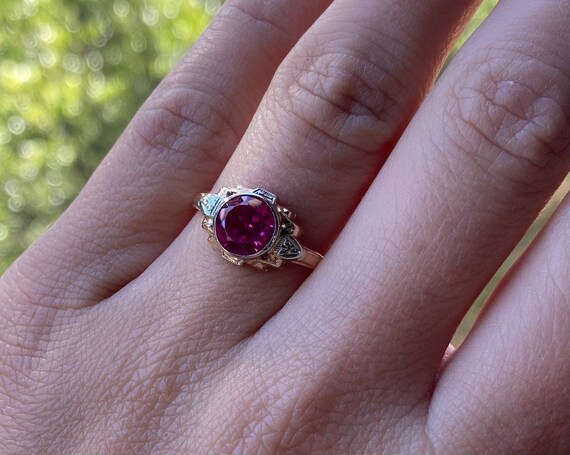 Art Deco 7mm Ruby Ring in 14K Two Tone Yellow Gold wi… - Gem