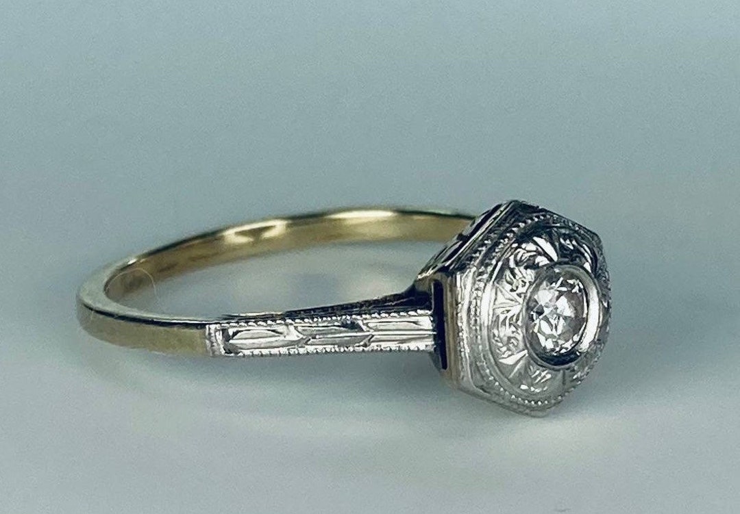 Antique Old European Cut Diamond Ring 14K White and Yellow Gold Art ...