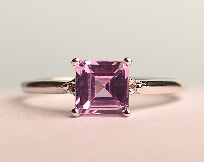 Vintage Square Cut Pink Sapphire Diamond Ring in 10K White Gold - Etsy