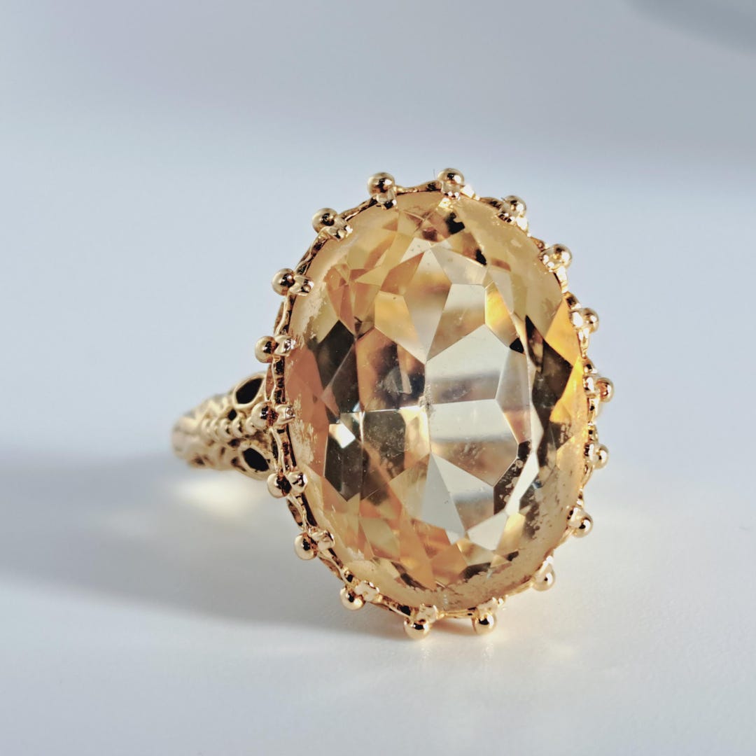 Vintage Crown Mount Oval Topaz Solitaire Large Gemstone Ring in Yellow ...