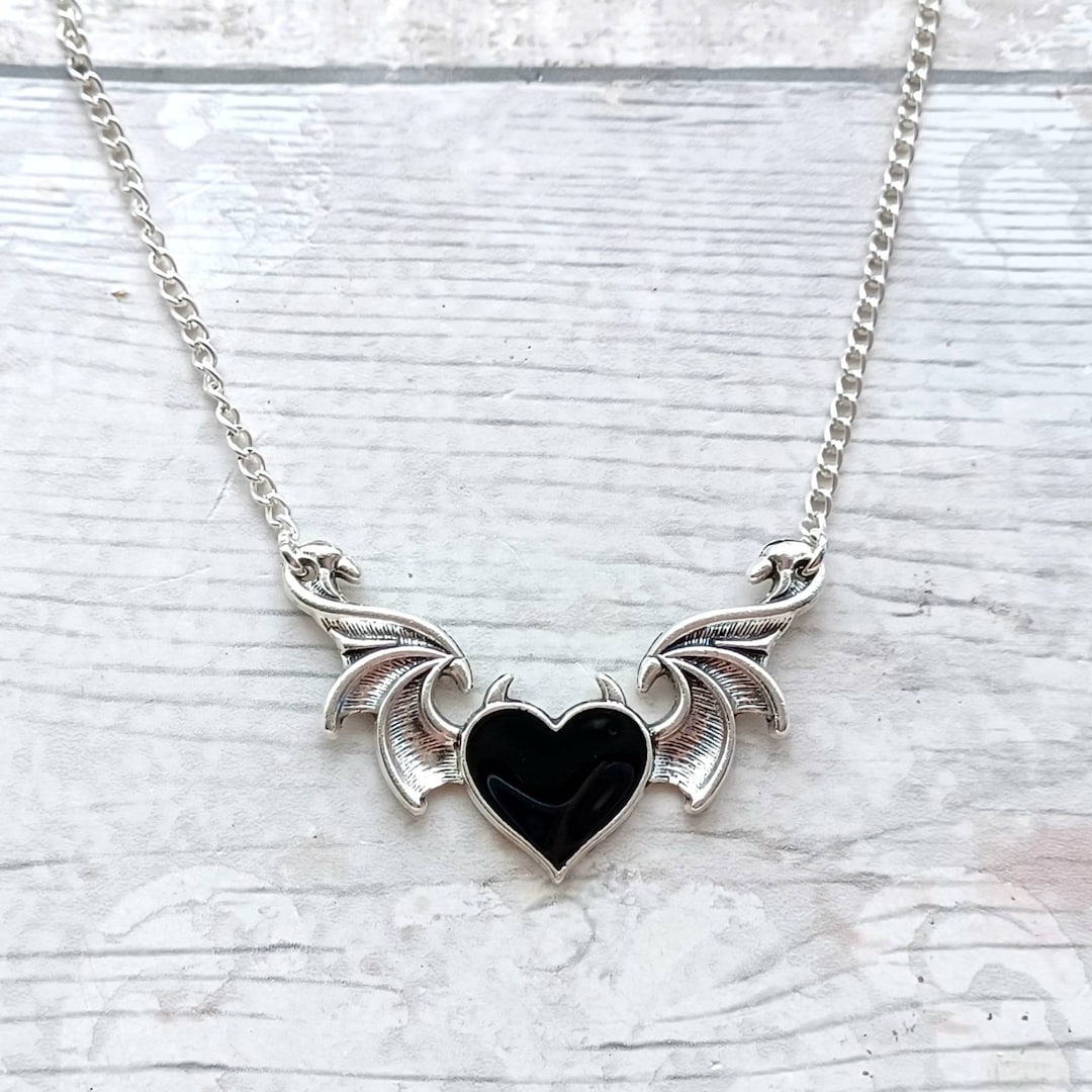 Winged Heart Necklace, Devil Heart With Horns Necklace, Halloween ...