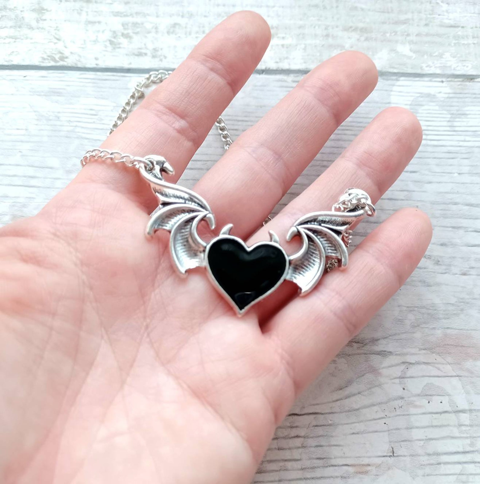 Winged Heart Necklace, Devil Heart With Horns Necklace, Halloween ...