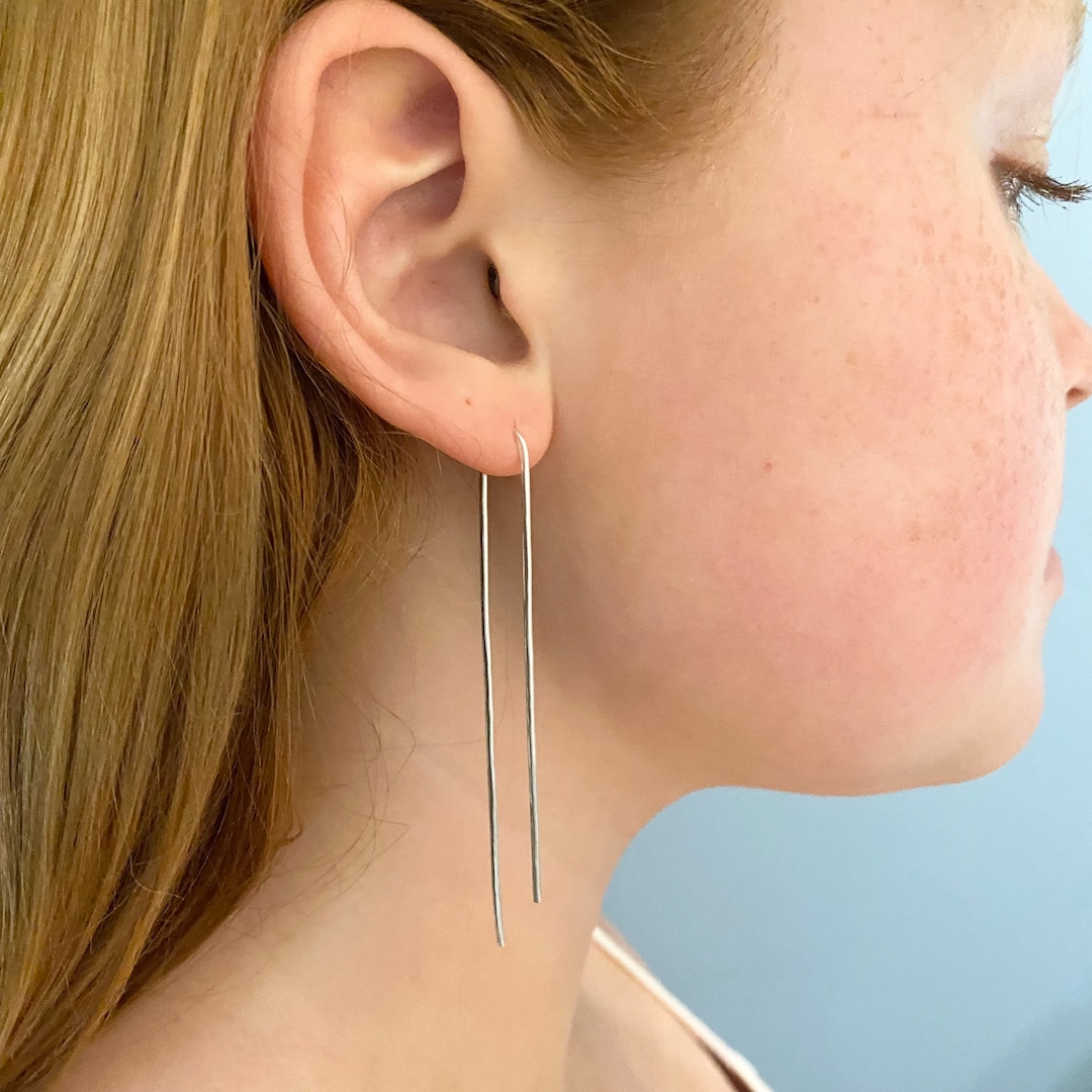 Long Threader Earrings Silver, Unique Hoops, Minimal, Modern, Arc ...