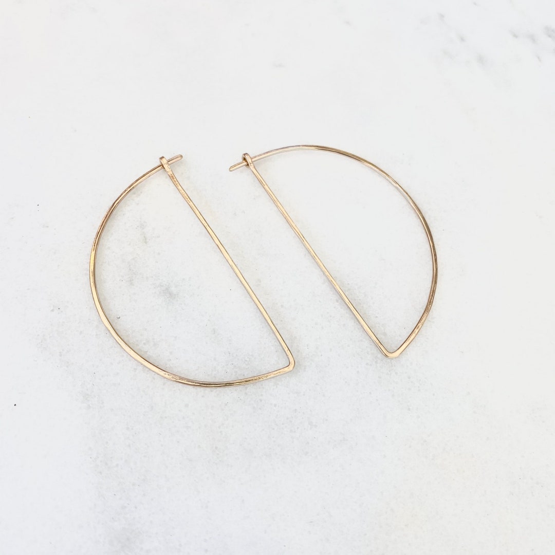 14k Gold Geometric Hoops, Solid Gold Semi Circle Hoops, Yellow Gold ...