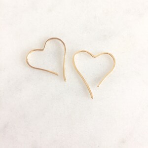 Small Solid 14kt Gold Heart Hoops, 14k Threader Earrings, Handmade in ...