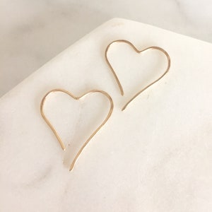 Small SOLID GOLD Heart Hoops, Heart Threader, Valentines Gift, 14kt ...