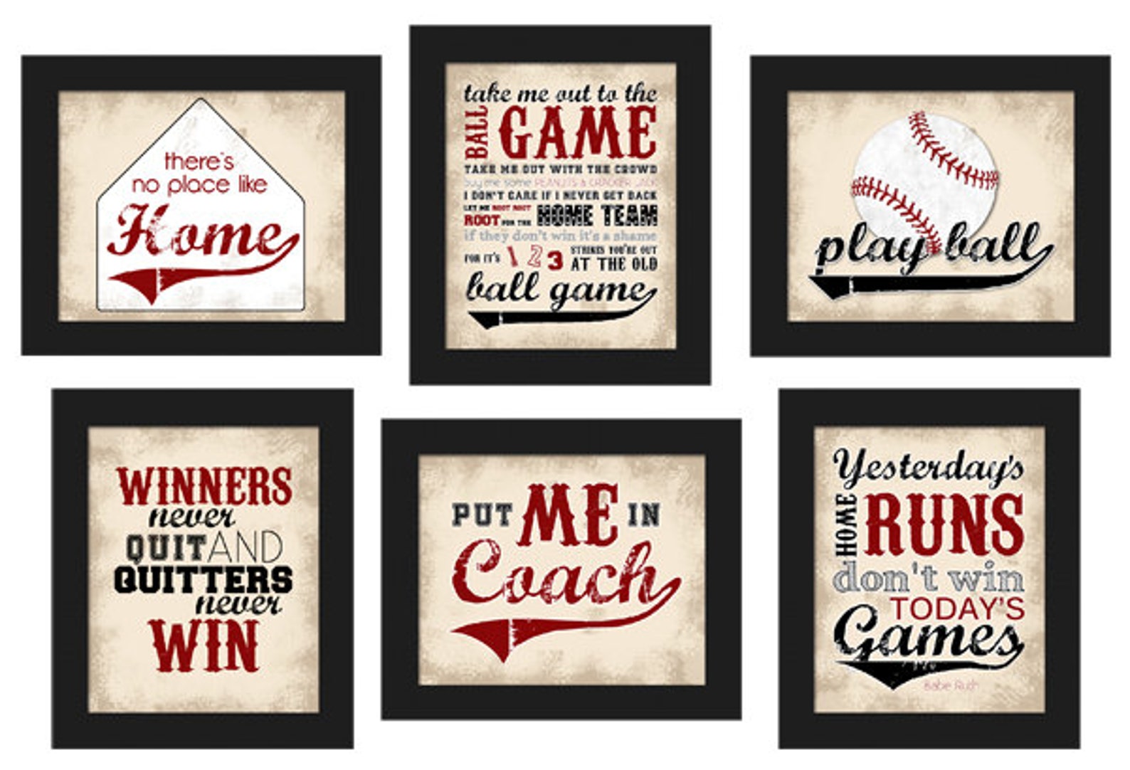PRINTABLE Baseball Theme Home Decor Set 6pc Red Black Distressed ...