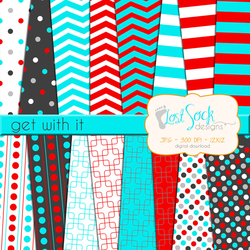 Digital Scrapbook Paper Dark Grey Aqua Red Chevron Zigzag Stripes Polka ...