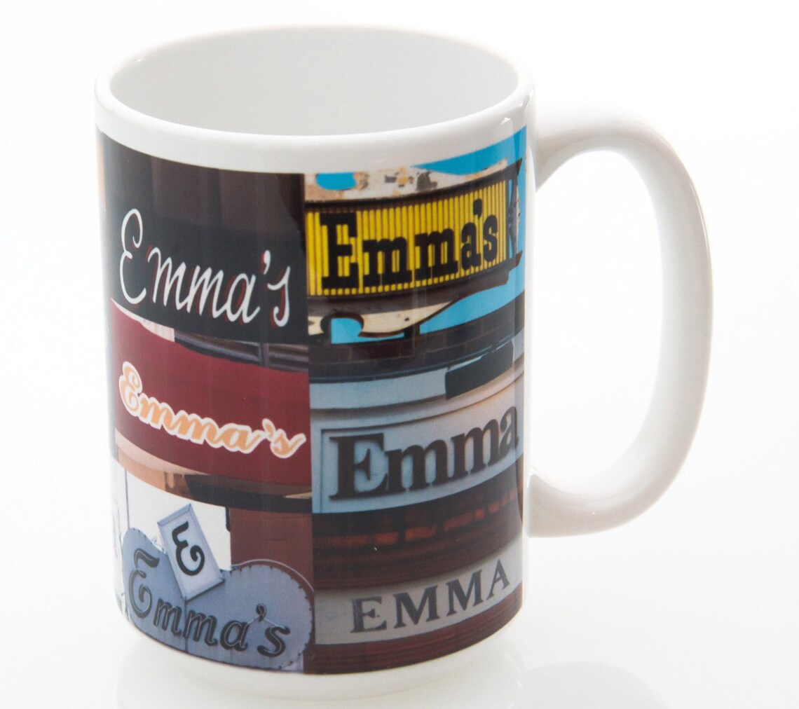 Personalized Coffee Mug featuring the name EMMA in photos of | Etsy