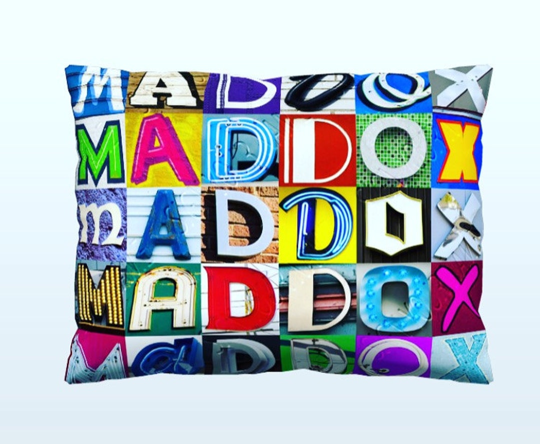 Personalized Pillow Featuring MADDOX in Photos of Sign Letters; Custom ...