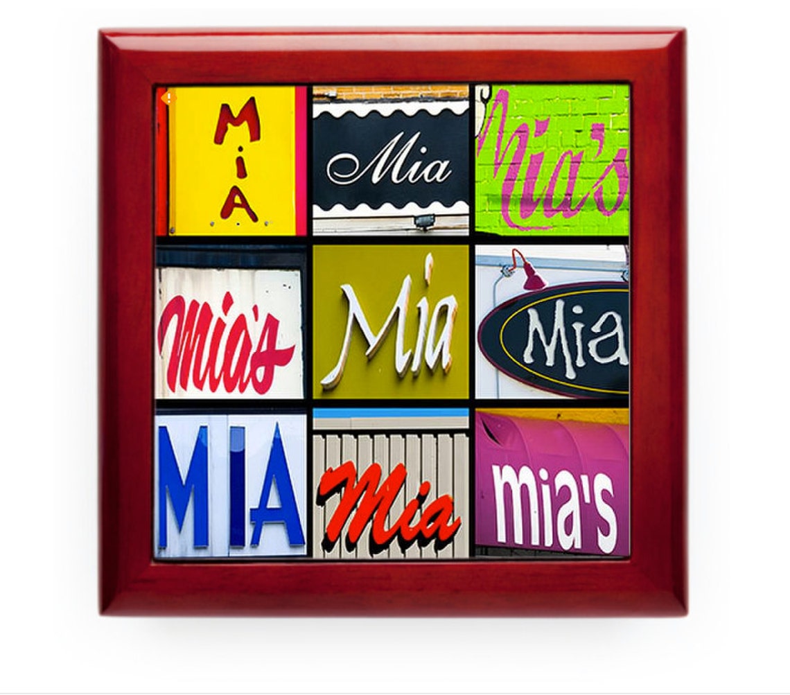 Personalised Keepsake Box Featuring the Name MIA in a Photo of Signs ...