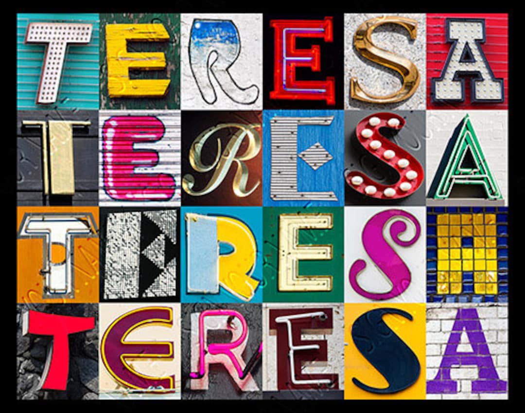 Cartel personalizado con TERESA en fotos de letras del alfabeto de los ...
