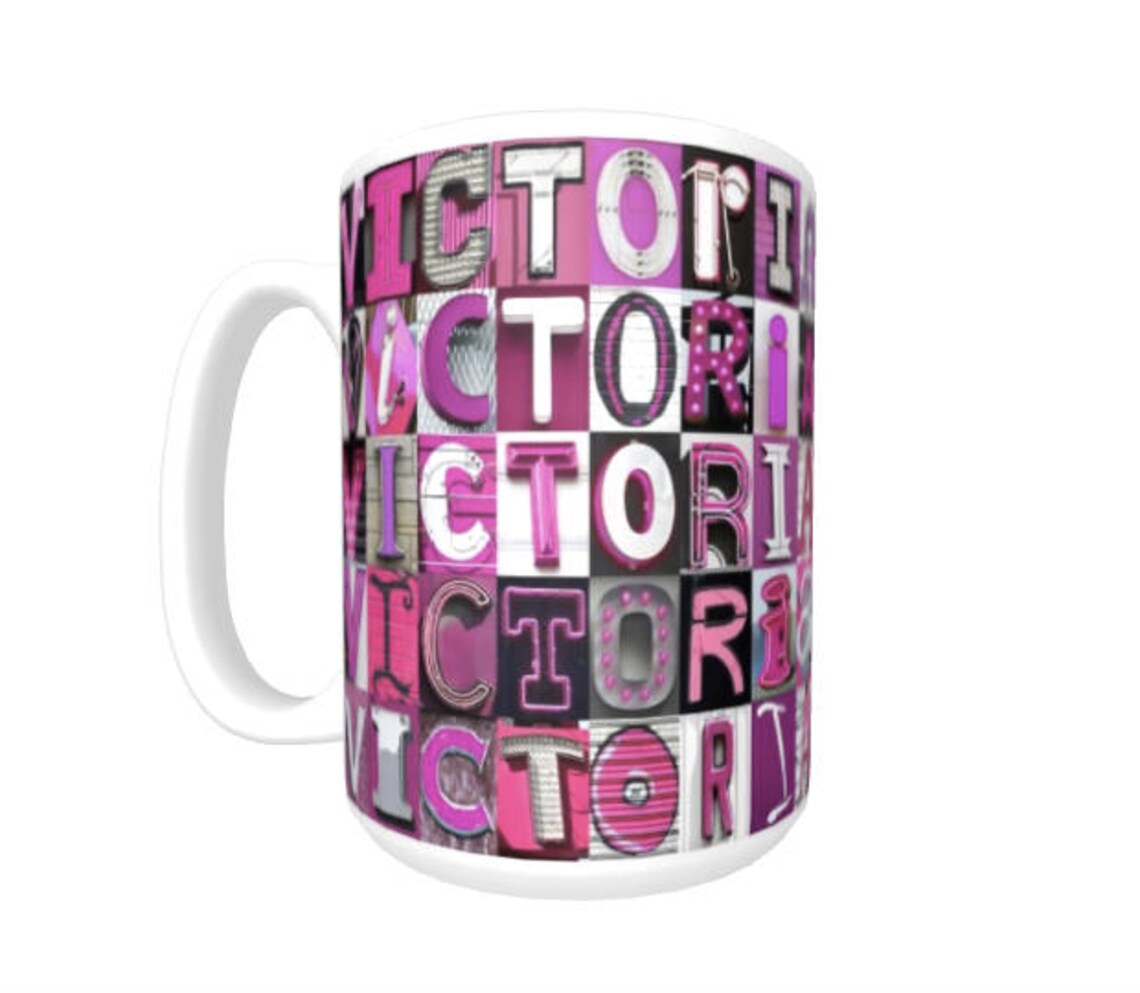 Personalized Coffee Mug Featuring the Name VICTORIA in PINK Sign Letter ...