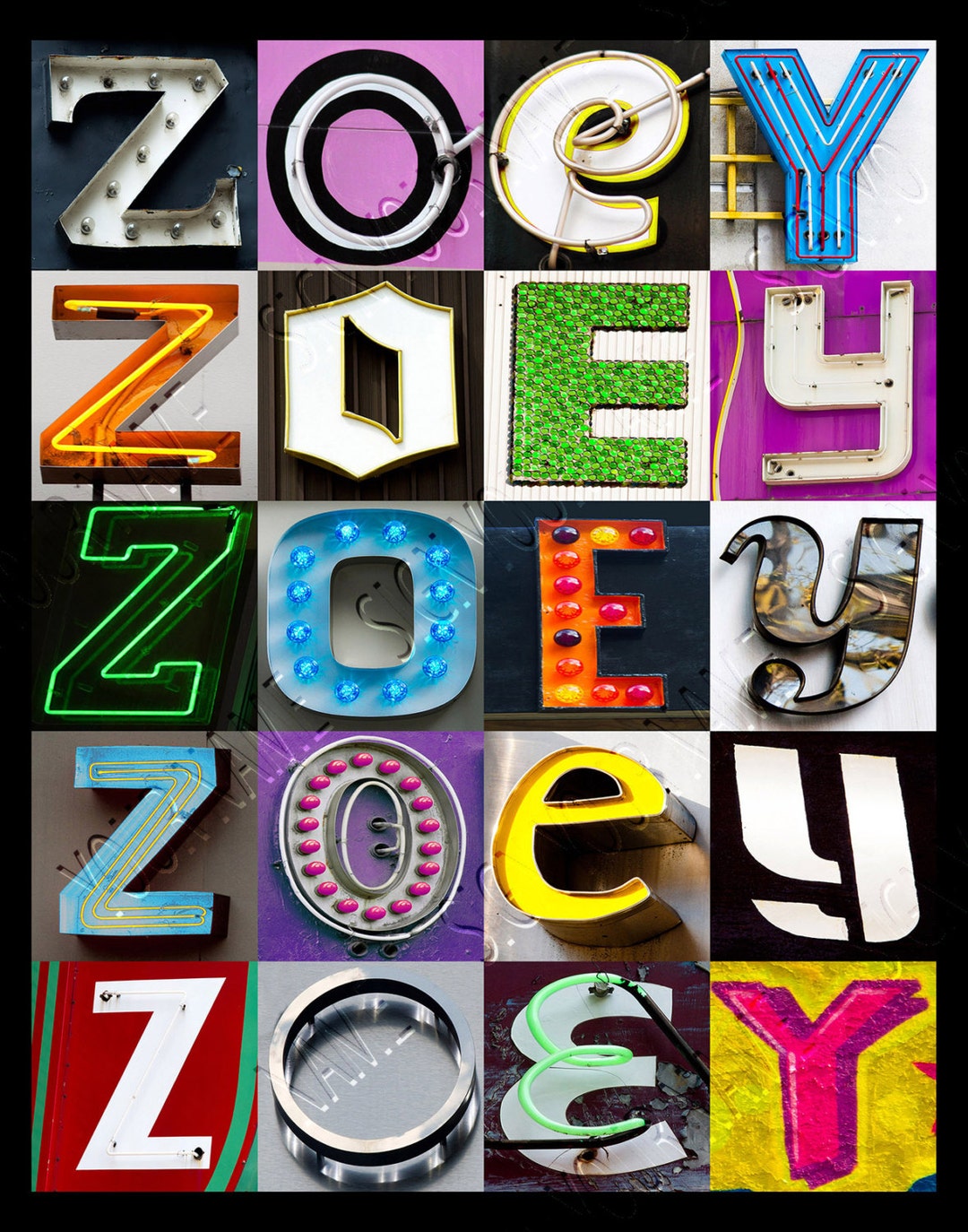 Personalized Poster Featuring ZOEY Showcased in Photos of Sign Letters ...