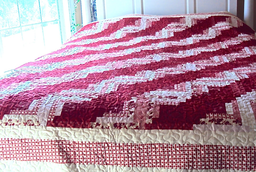 Queen Size Handmade Quilt- Red and White Log Cabin Quilt -handmade King ...
