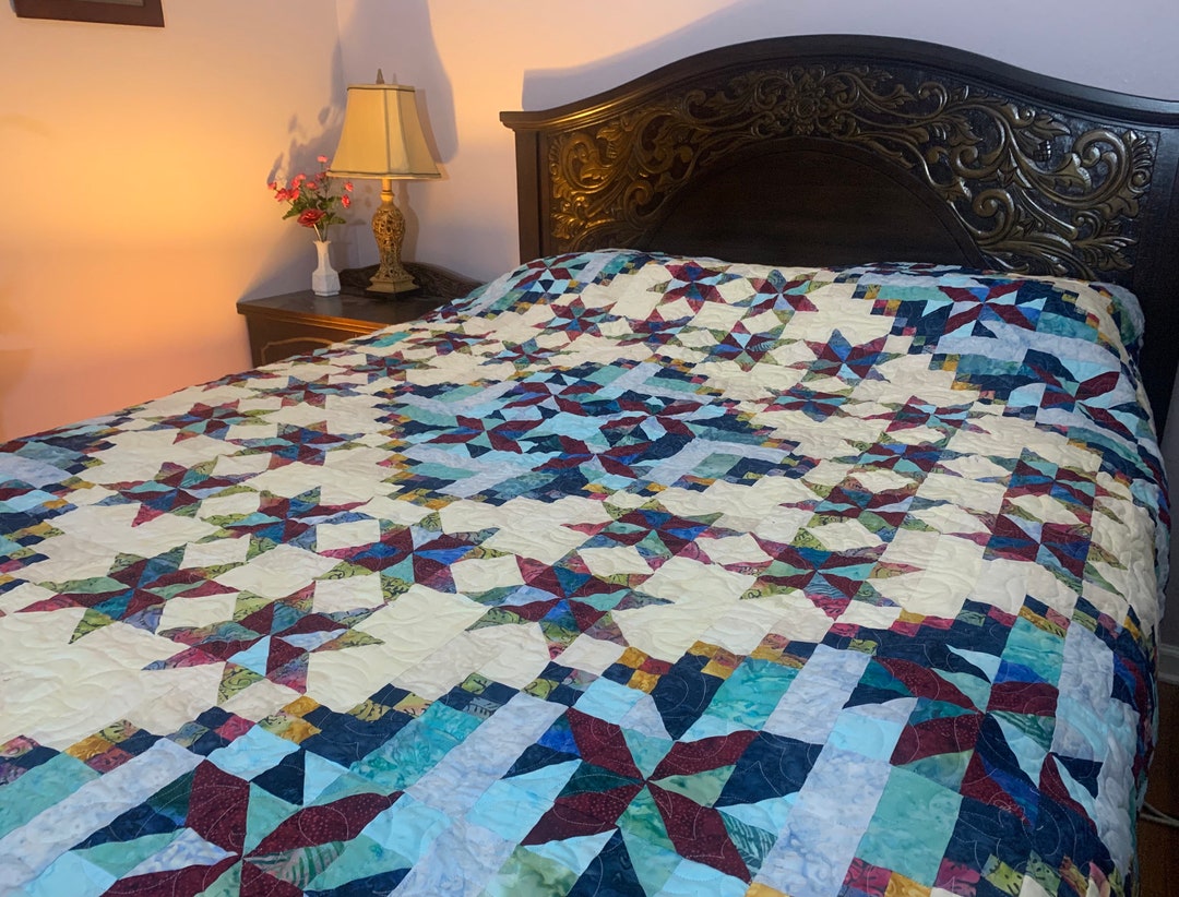 Handmade Patchwork Queen Quilt, Blue, Red and Cream Handmade Quilt ...