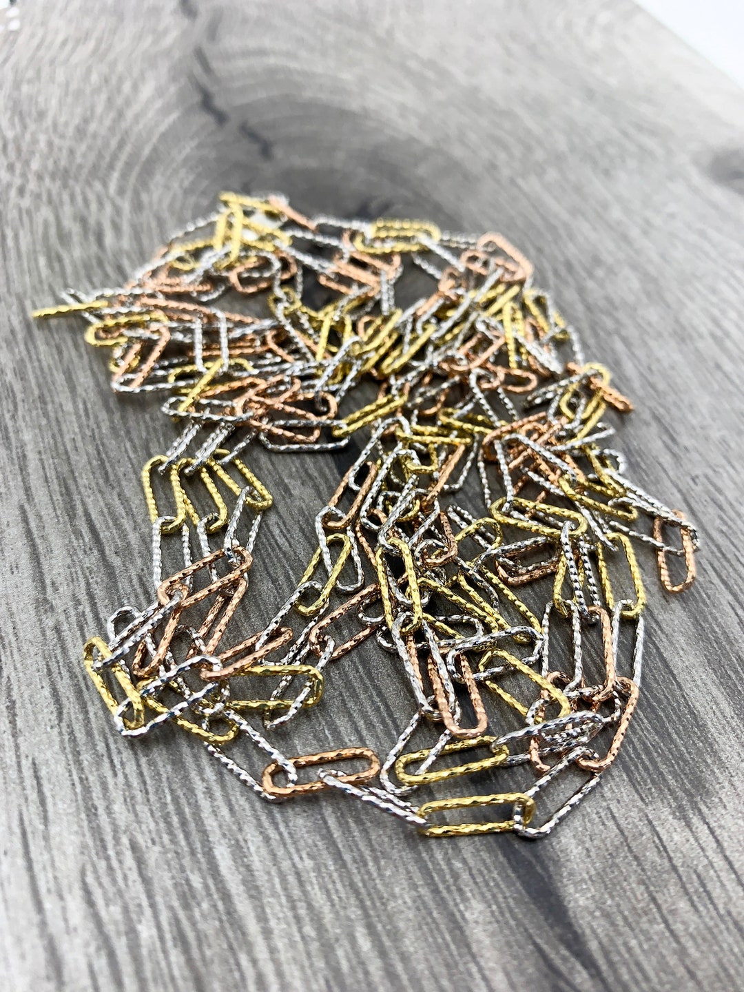 Tricolor Textured Paper Clip Link Chain With 925 Sterling Silver/14k ...