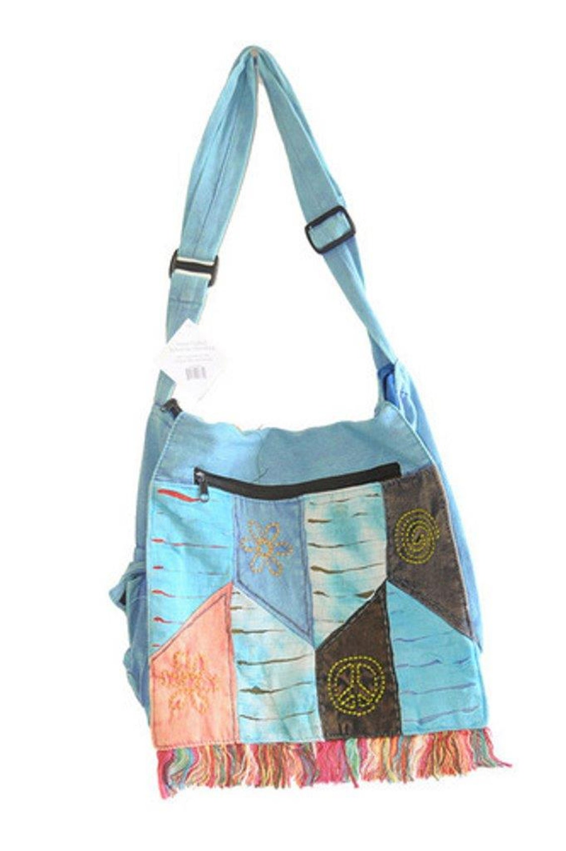 Fringe Cotton Summer Sling Bag Om Aum Peace Slit Cut Shoulder Cross ...
