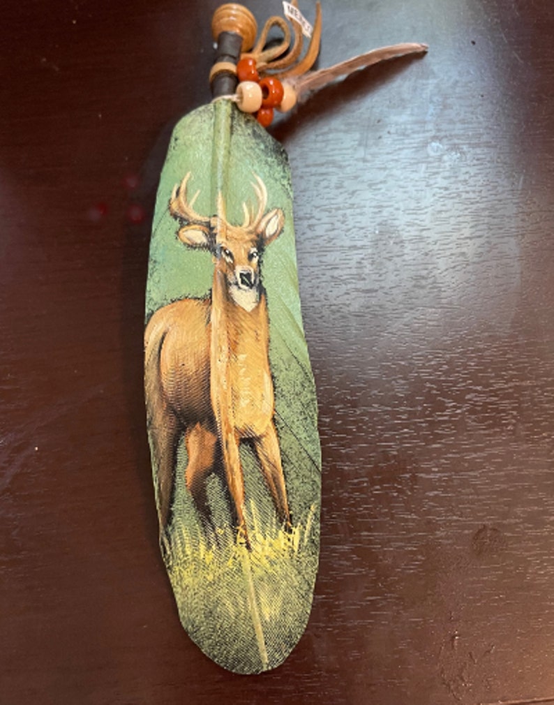 Moose Painting on a Large Turkey Feathers by Aztec Indian Beads ...
