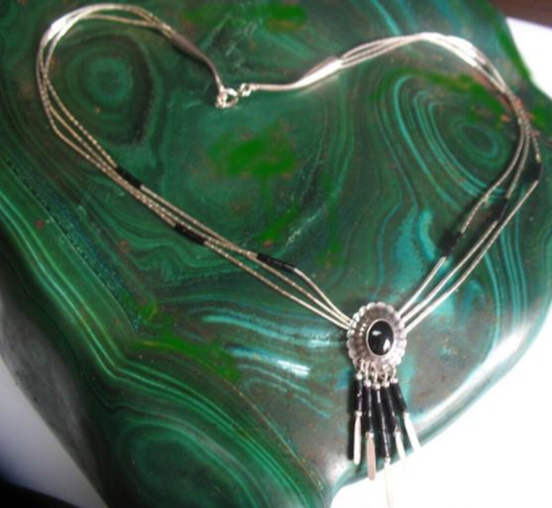 Vintage Liquid Silver Strands Bead Necklace With Black Onyx Inlay Stone ...
