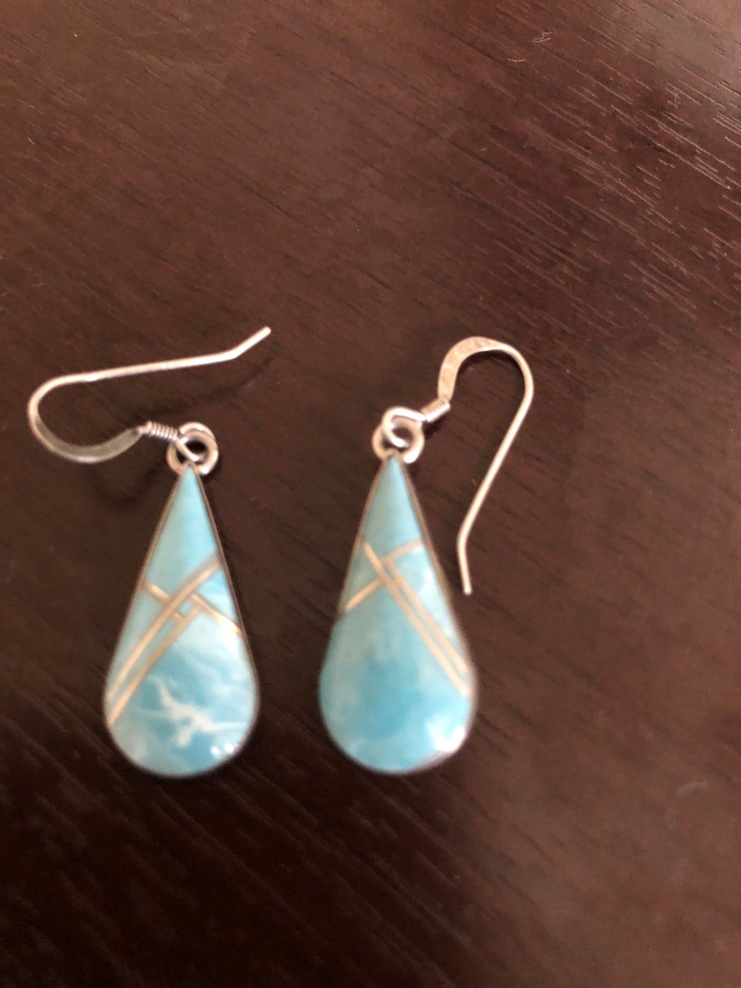 Vintage Zuni Turquoise Blue Stone Inlay Sterling Silver Wire Dangle ...