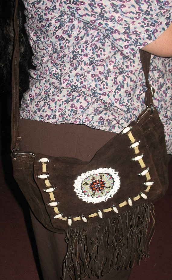 Fringe Leather Bag Native American Seed Bead Turtle B… - Gem