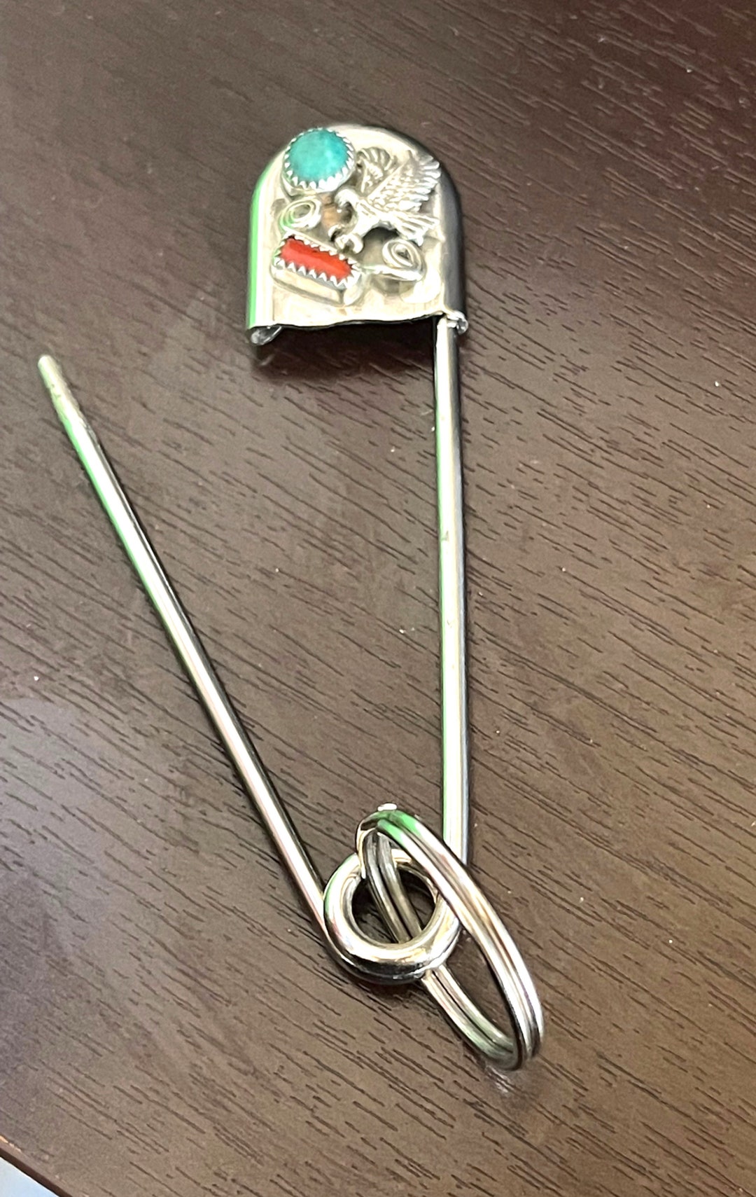 Sterling Silver Flying Eagle and Turquose Safety Pin With Key Ring Hand Crafted by Navajo Indian ...