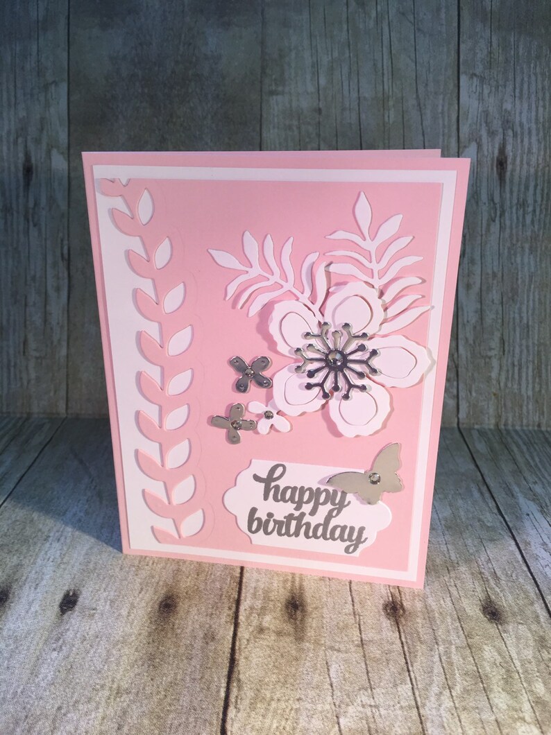 FLOWERS in PINK and SILVER HandStamped Greeting Card | Etsy