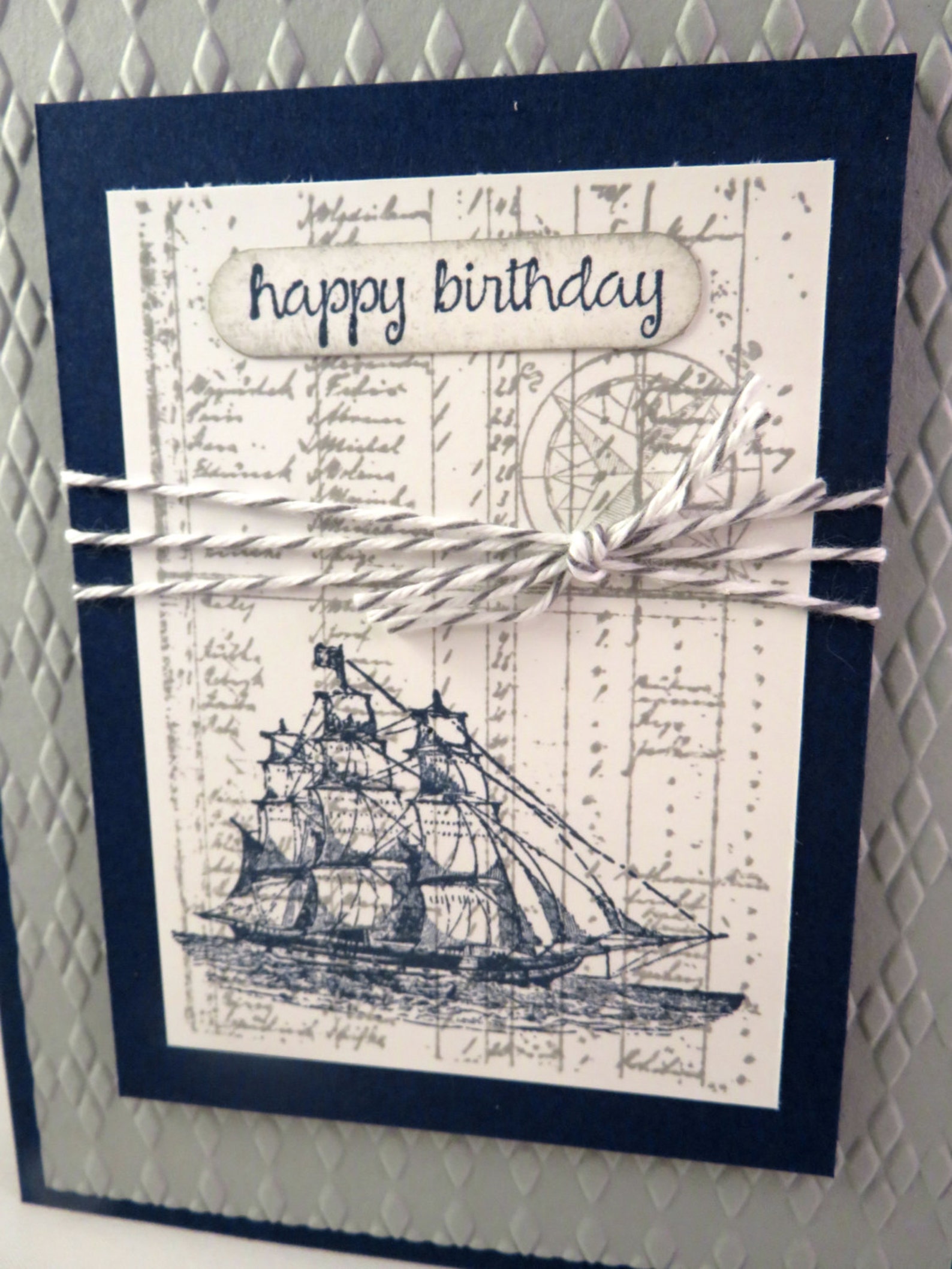 SAILING SHIP Hand Stamped Birthday Card for the SAILOR in Navy and Gray ...
