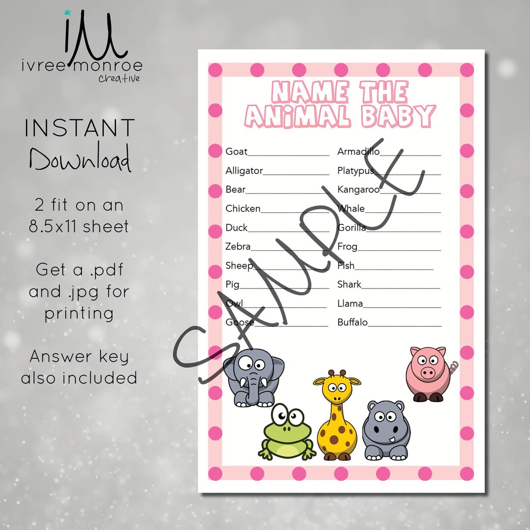 Baby Shower 'name the Animal Baby' Instant Download Printable Game ...
