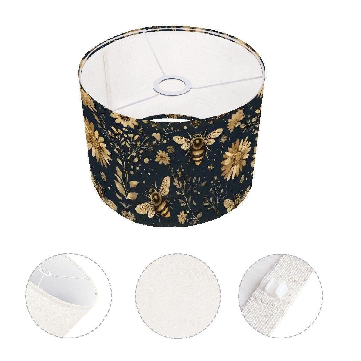 Black & Gold Floral Bee Lamp Shade | Elegant Nature-inspired Drum Shade ...