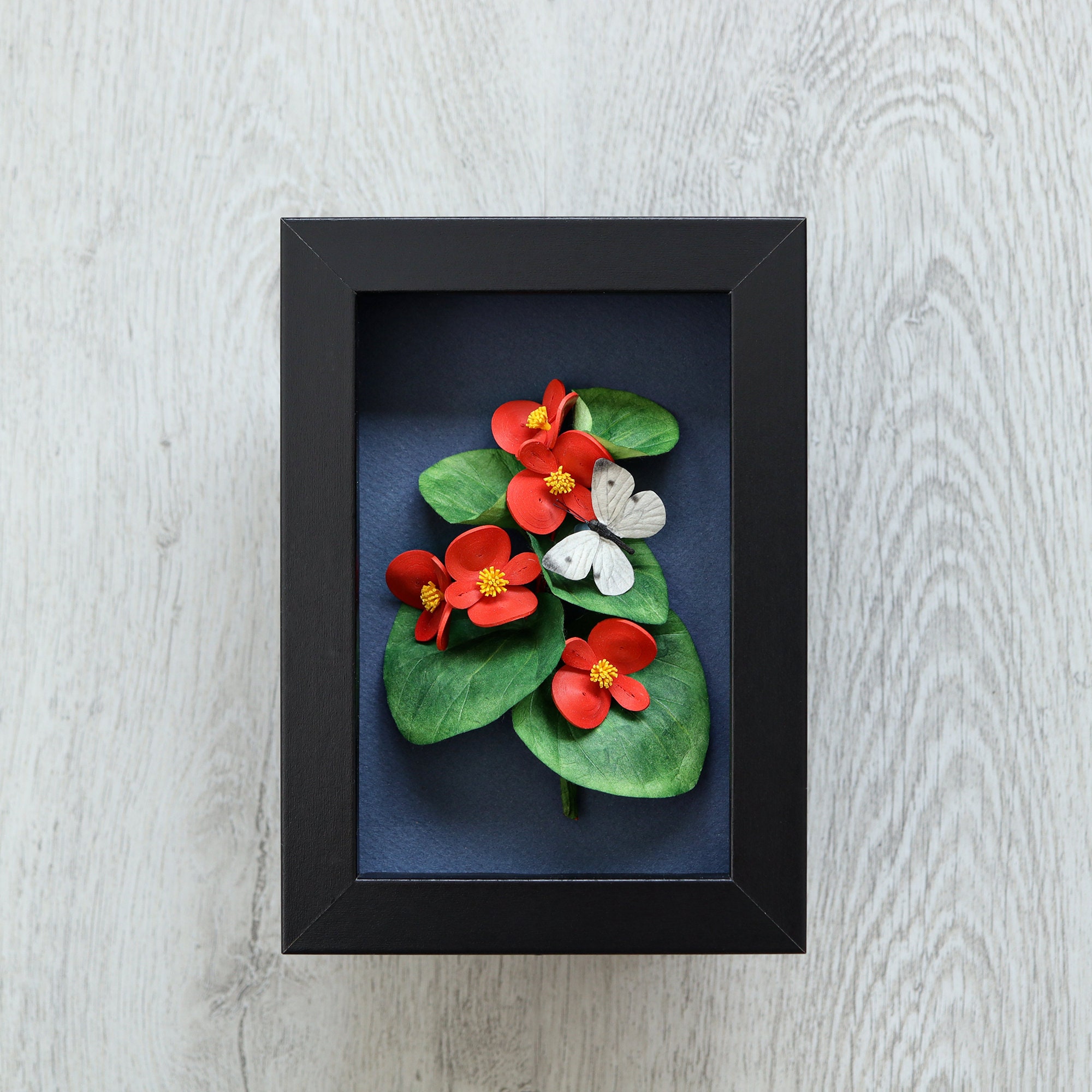 Red Begonia, Butterfly Mini Wall Decor Small Framed Floral Art Wax ...