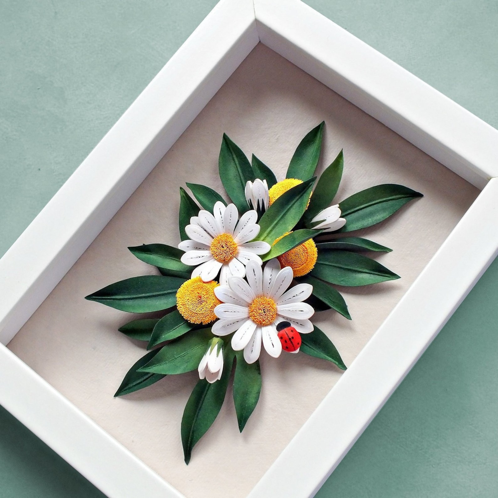 White Daisy Dandelion Ladybug Wall Art - 3D Paper Quilling Art - Daisy ...