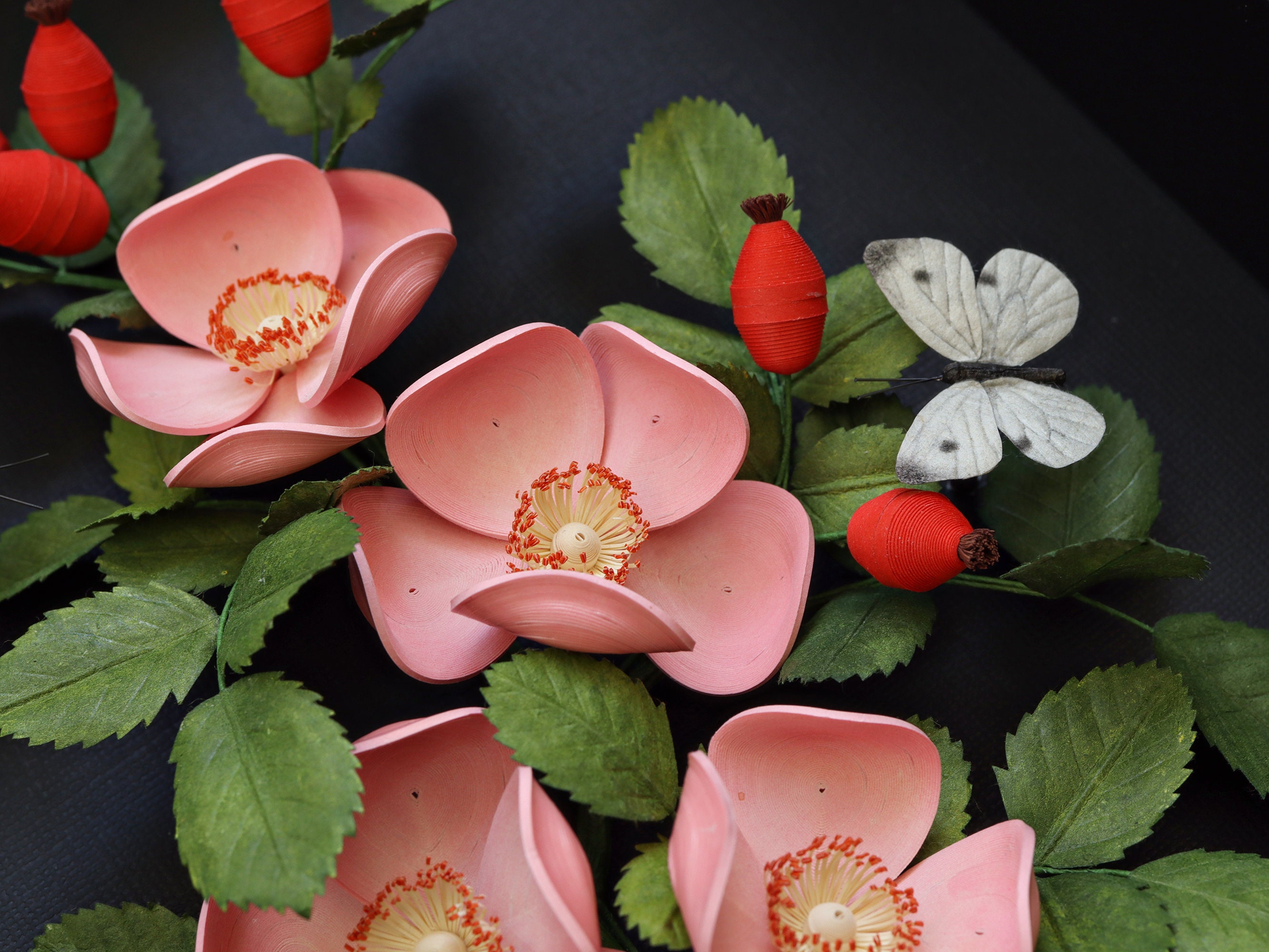 Pink Roses, Butterflies Wall Art - 3D Paper Quilling - Dark Florals ...