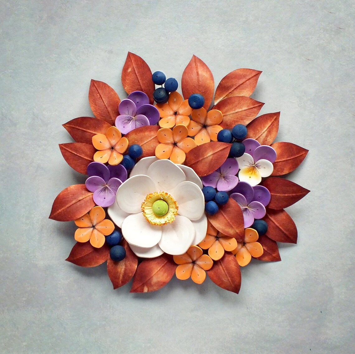 Paper Quilling Flower Arrangement Fall Colors Wall Art Anemone Pansy ...