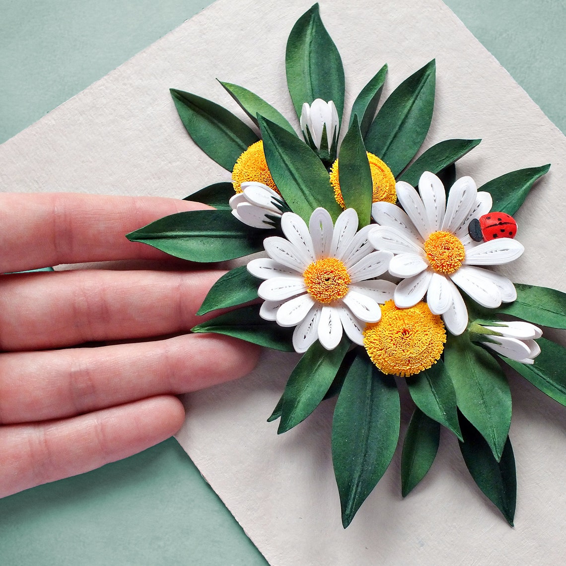 White Daisy Dandelion Ladybug Wall Art - 3D Paper Quilling Art - Daisy ...