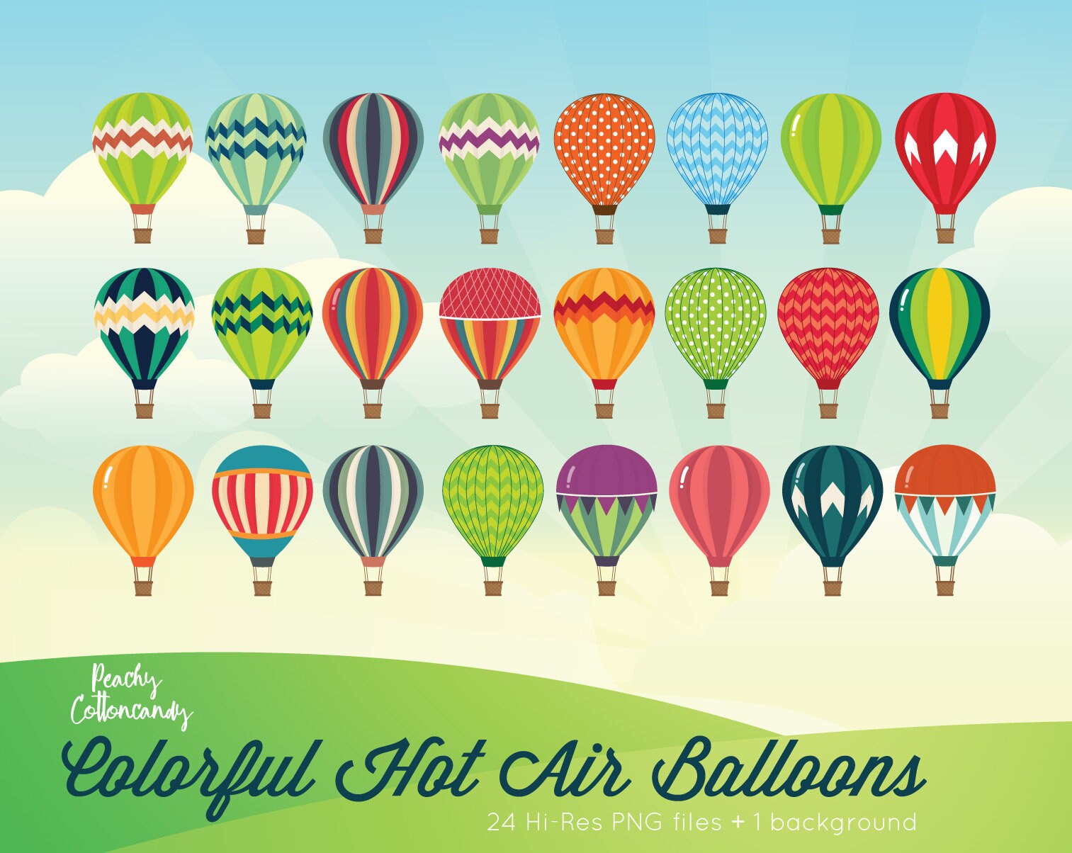 Colorful Hot Air Balloon Clipart: 24 PNG Files + Background (digital ...