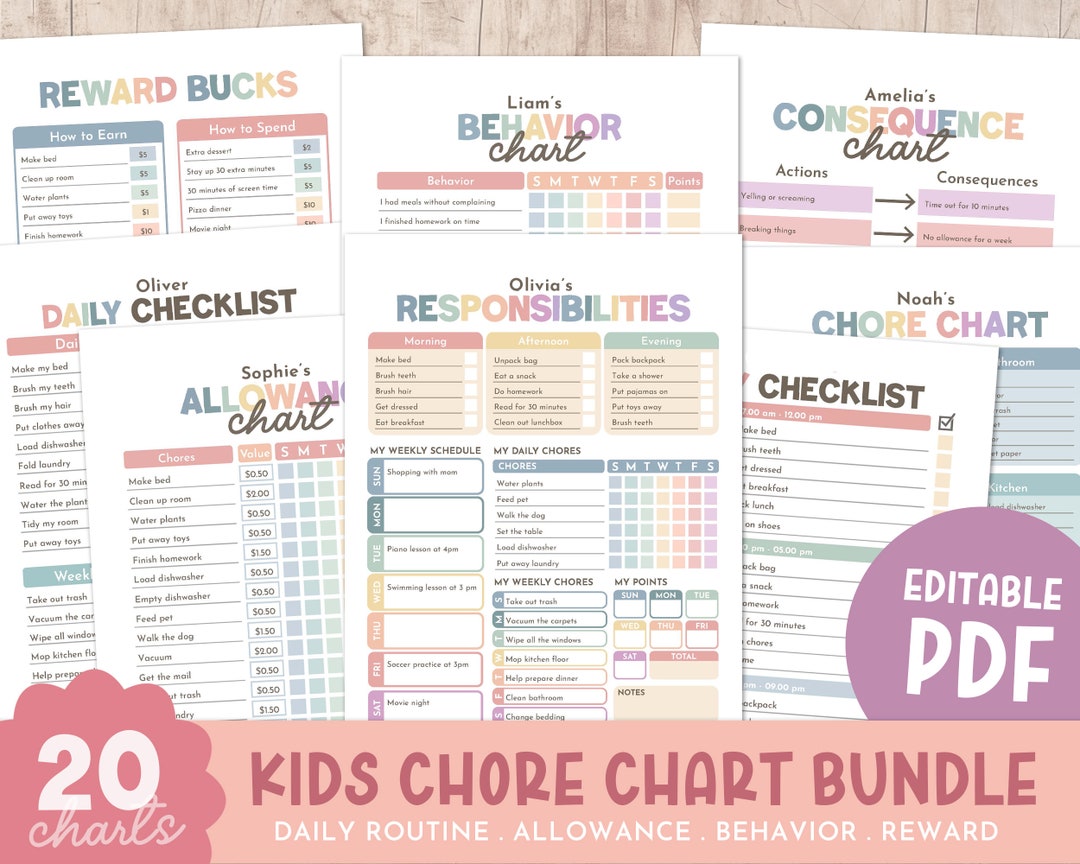 Editable Kids Chore Chart Bundle - Printable Toddler Reward Chart ...