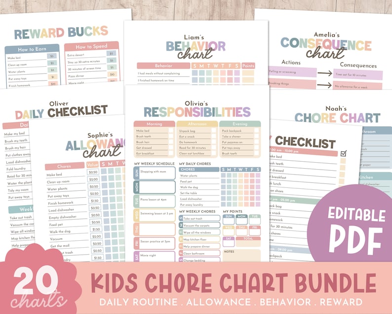 Editable Kids Chore Chart Bundle: Daily Checklist, Reward Bucks (PDF ...