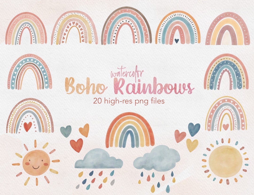 Watercolor Boho Rainbow Clipart: Pastel Rainbow Decor (PNG Digital ...