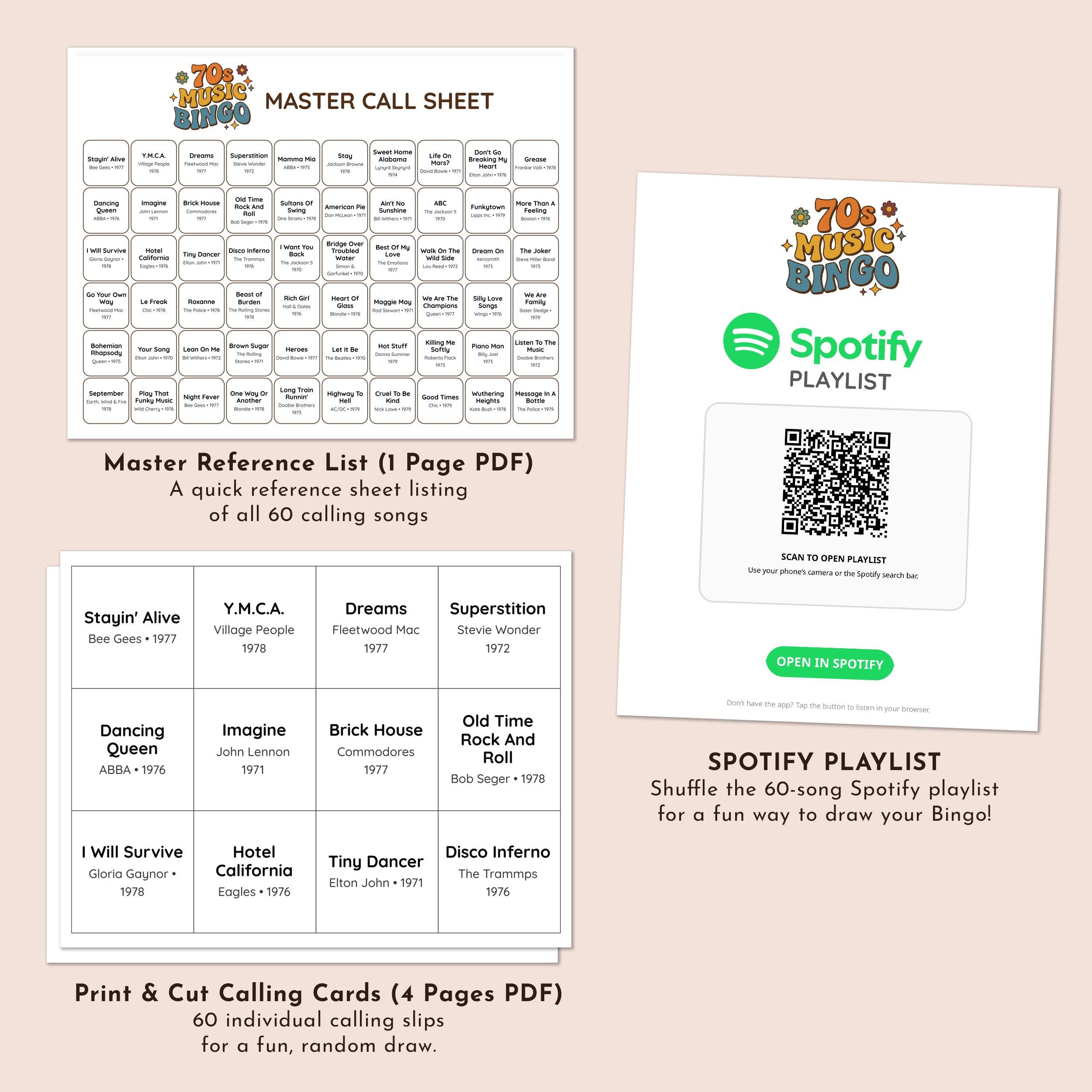 Retro 70s Music Bingo With 60 Hits | 100 Unique Bingo Cards | Spotify ...