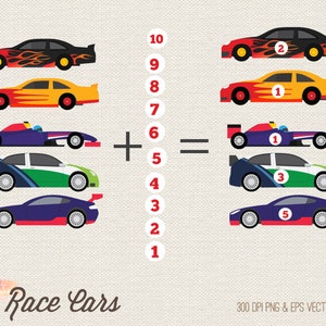 Race Car Clipart: Racing Cars, Numbers, Checkered Flag (PNG, EPS) - Etsy