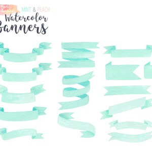 BUY 4 GET 50% OFF Watercolor Ribbon Banner Clip Art in Peach & Mint ...